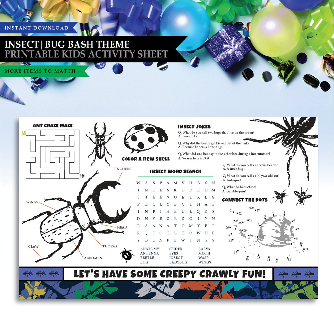 Insect 'bug Bash Blue' Theme *printable Kid Coloring Sheet* Party Favor ...