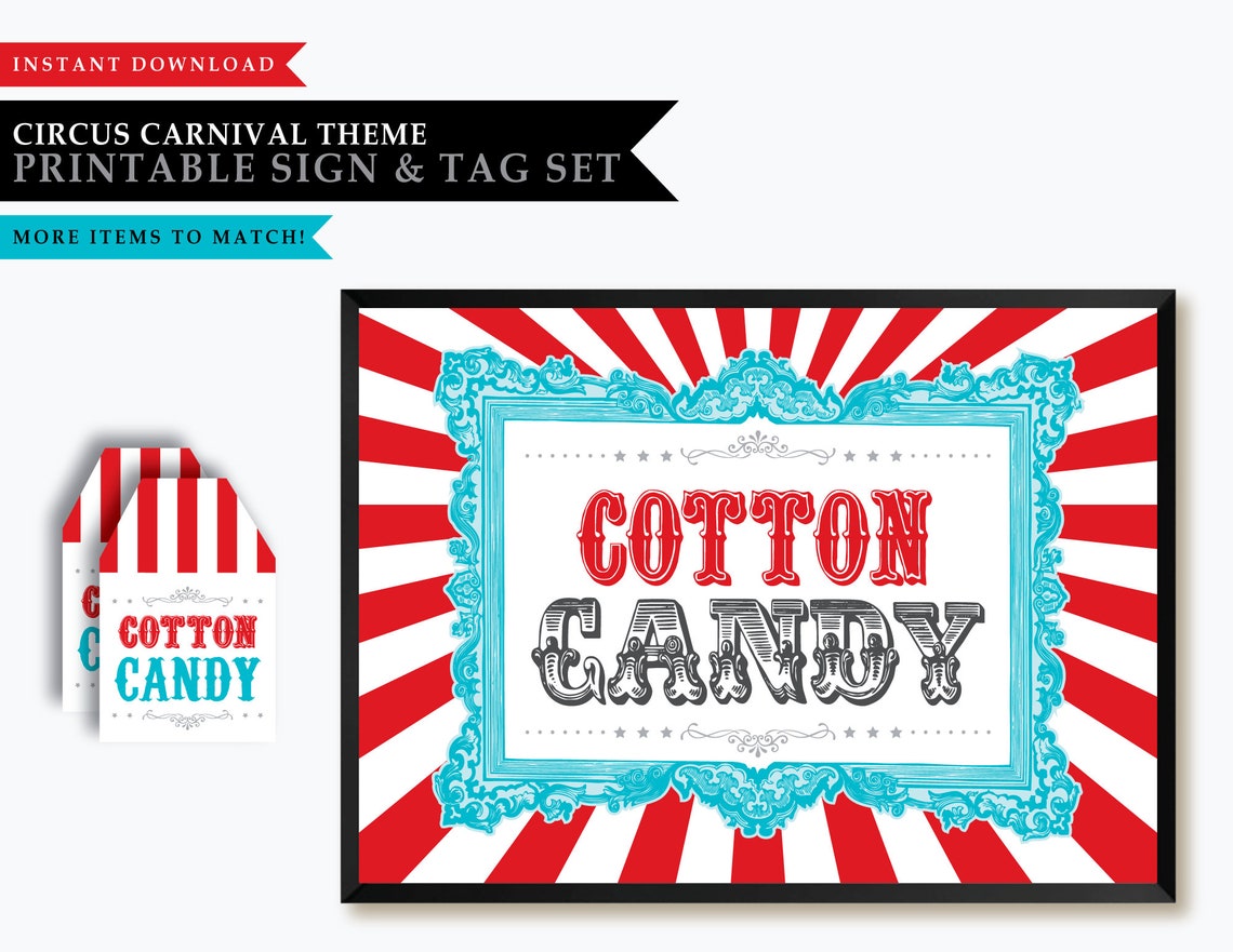Carnival 'circus' Theme printable Cotton Candy Sign | Etsy
