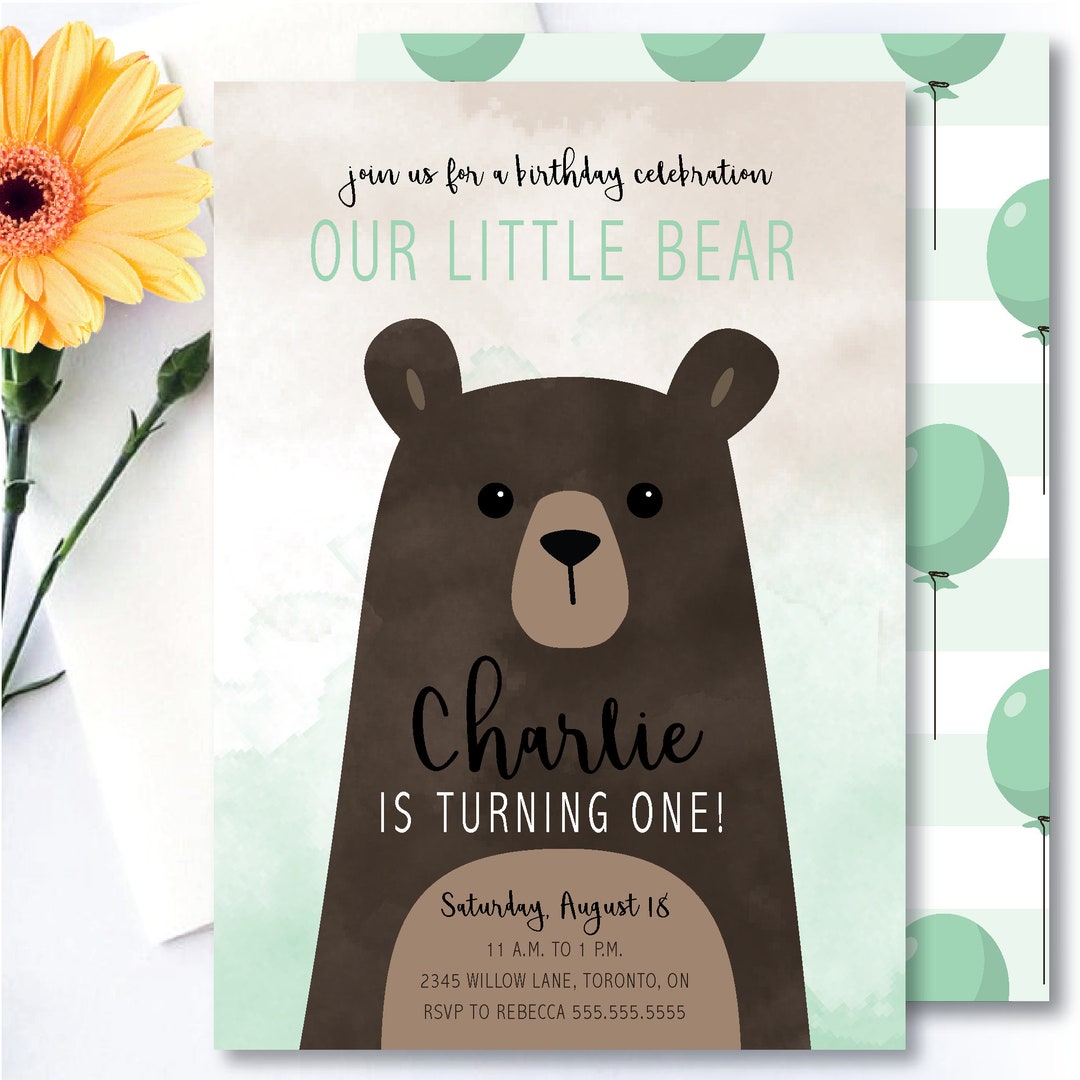 Bear 'green Balloon' Theme printable Birthday Party Invitation First ...
