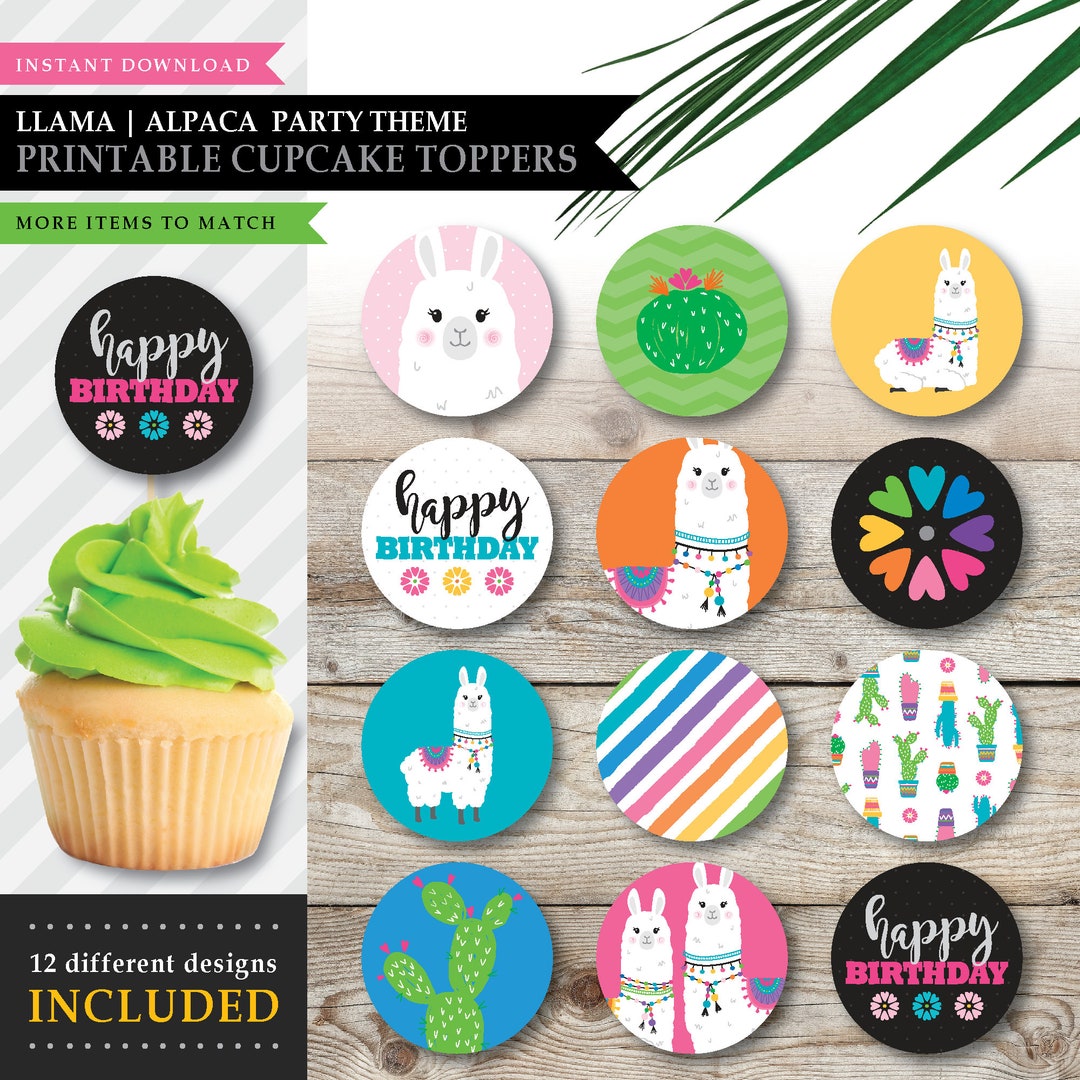 Llama 'rainbow Cactus' Theme printable Birthday Cupcake Toppers Alpaca ...