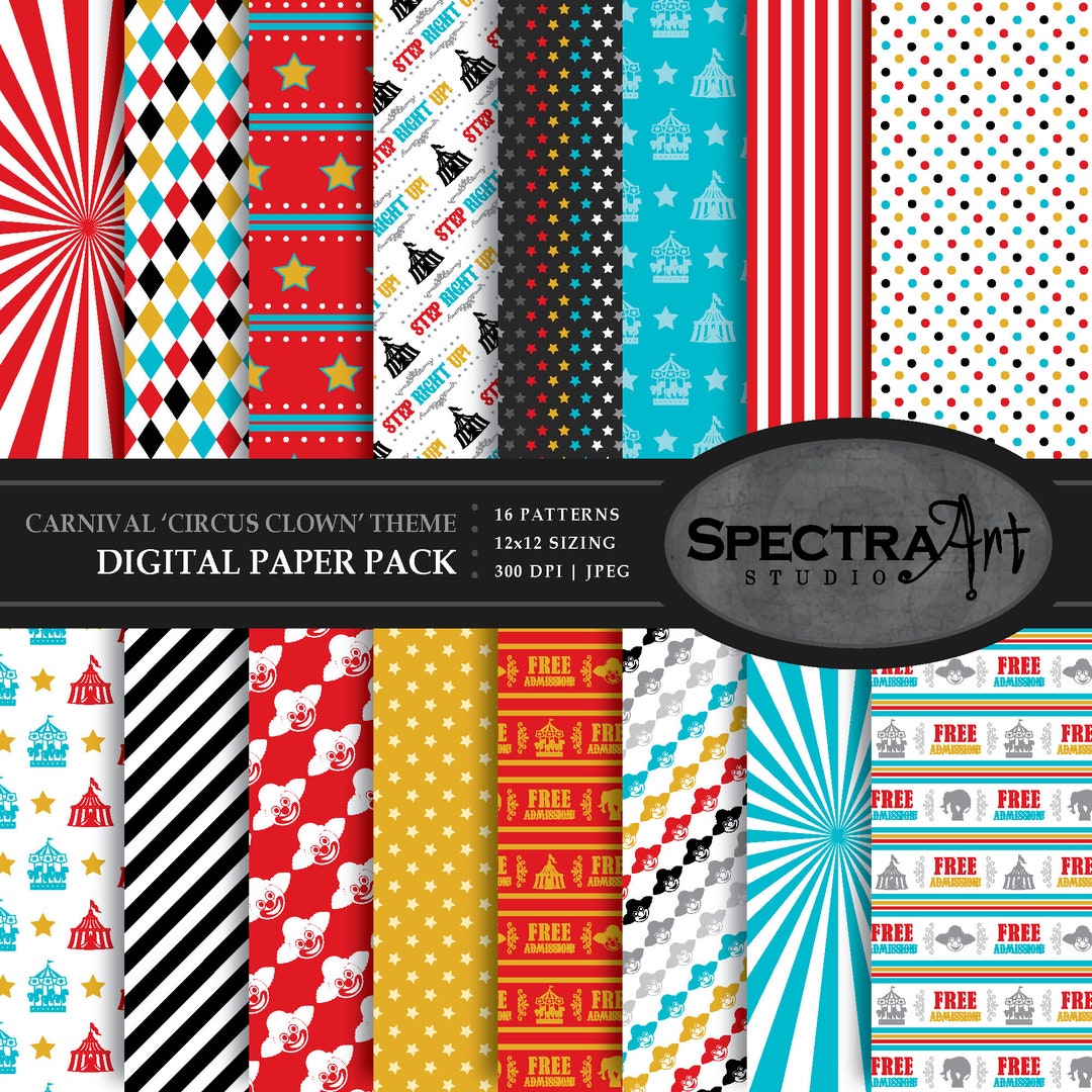 Carnival circus Clown Theme Digital Paper Pack Printable Scrapbook ...