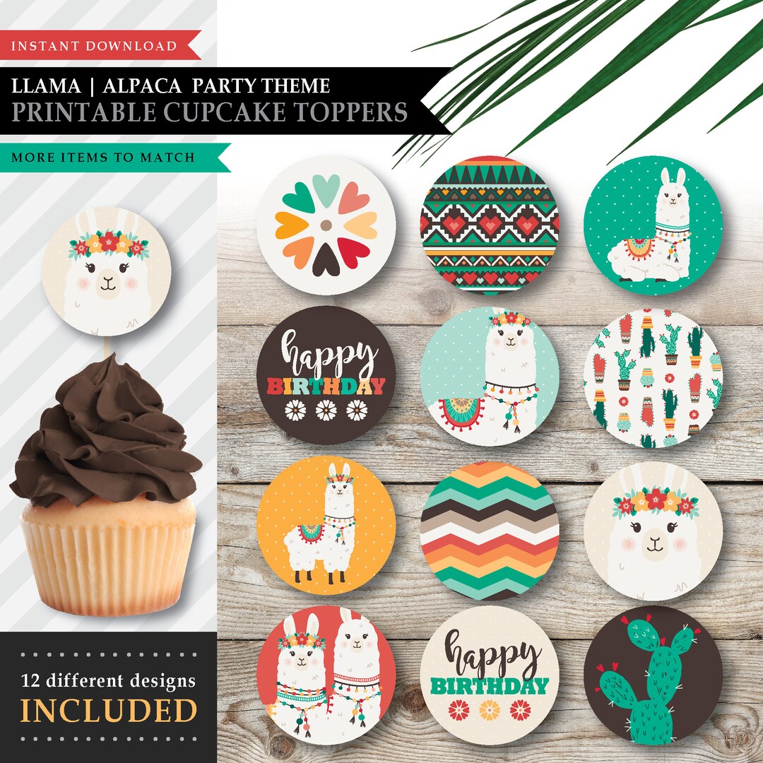 Llama 'desert Fiesta' Theme printable Birthday Cupcake Toppers Alpaca ...