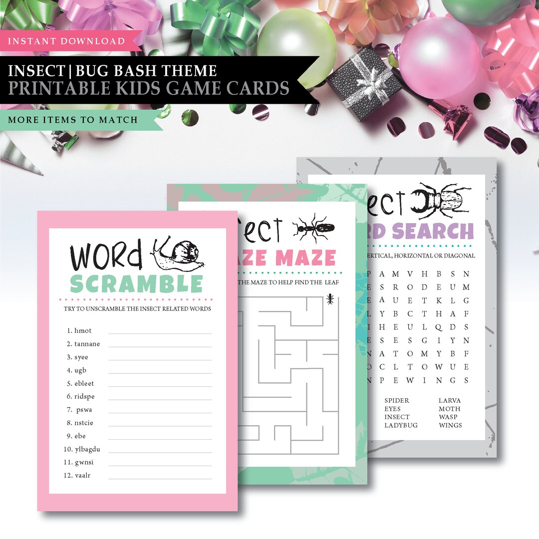 Insect 'creepy Crawlers Pink' Theme printable Party Game Cards Bug ...
