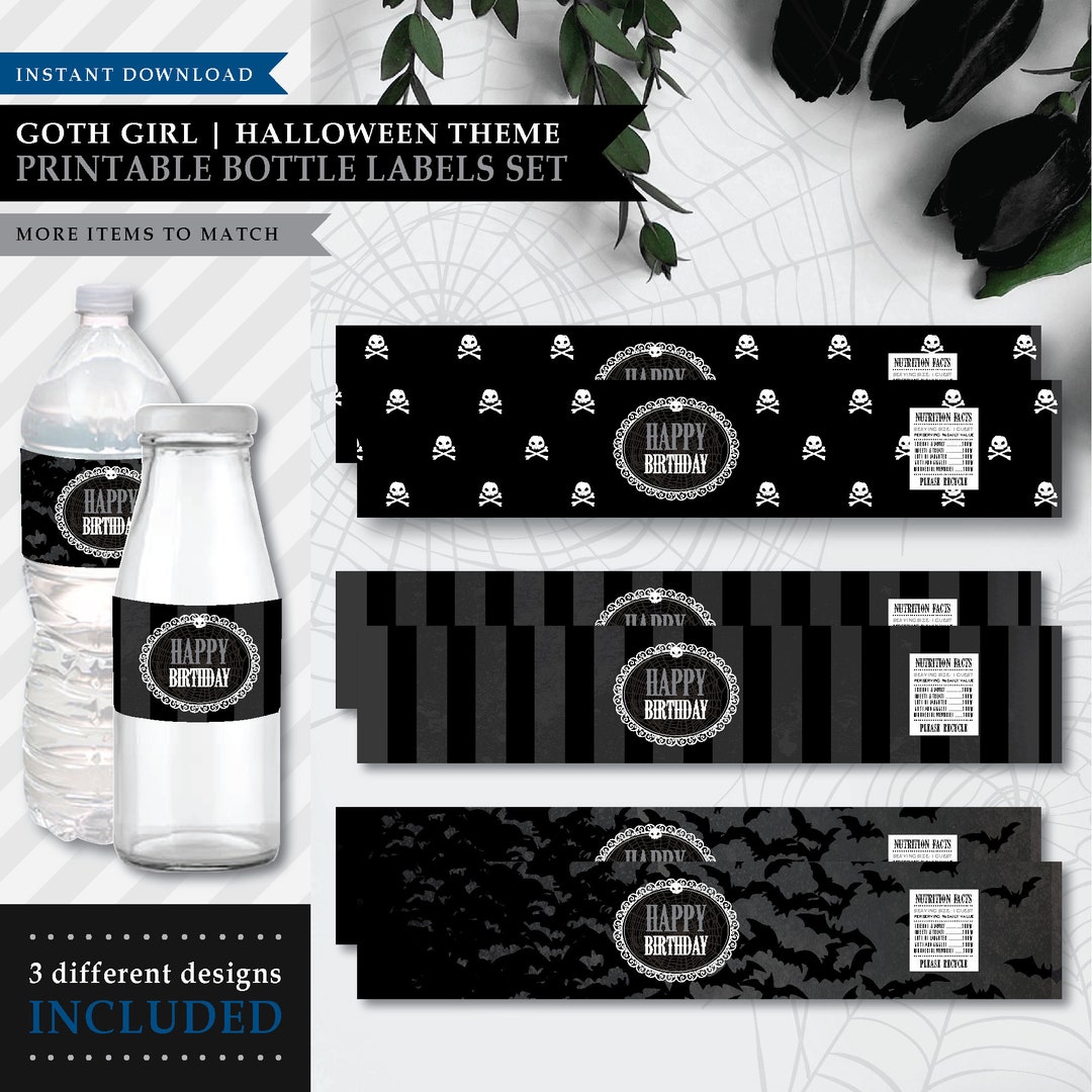 Goth Girl black Raven Theme / Printable Water Bottle Labels / Drink ...
