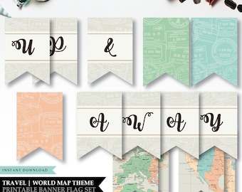World Awaits Travel Themed Party Bunting Banner Map Party Decorations ...