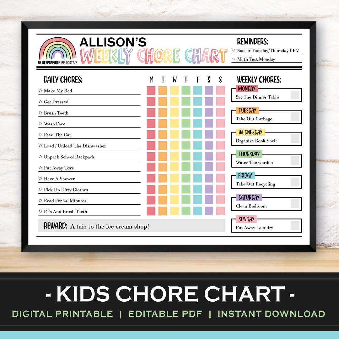 Editable Kids Chore Chart rainbow Bright Theme Printable Daily Weekly ...