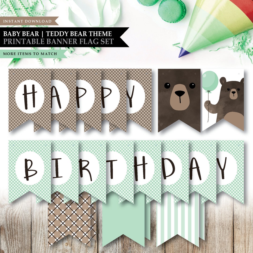 Bear 'green Balloon' Theme *printable Happy Birthday Banner* Welcome ...