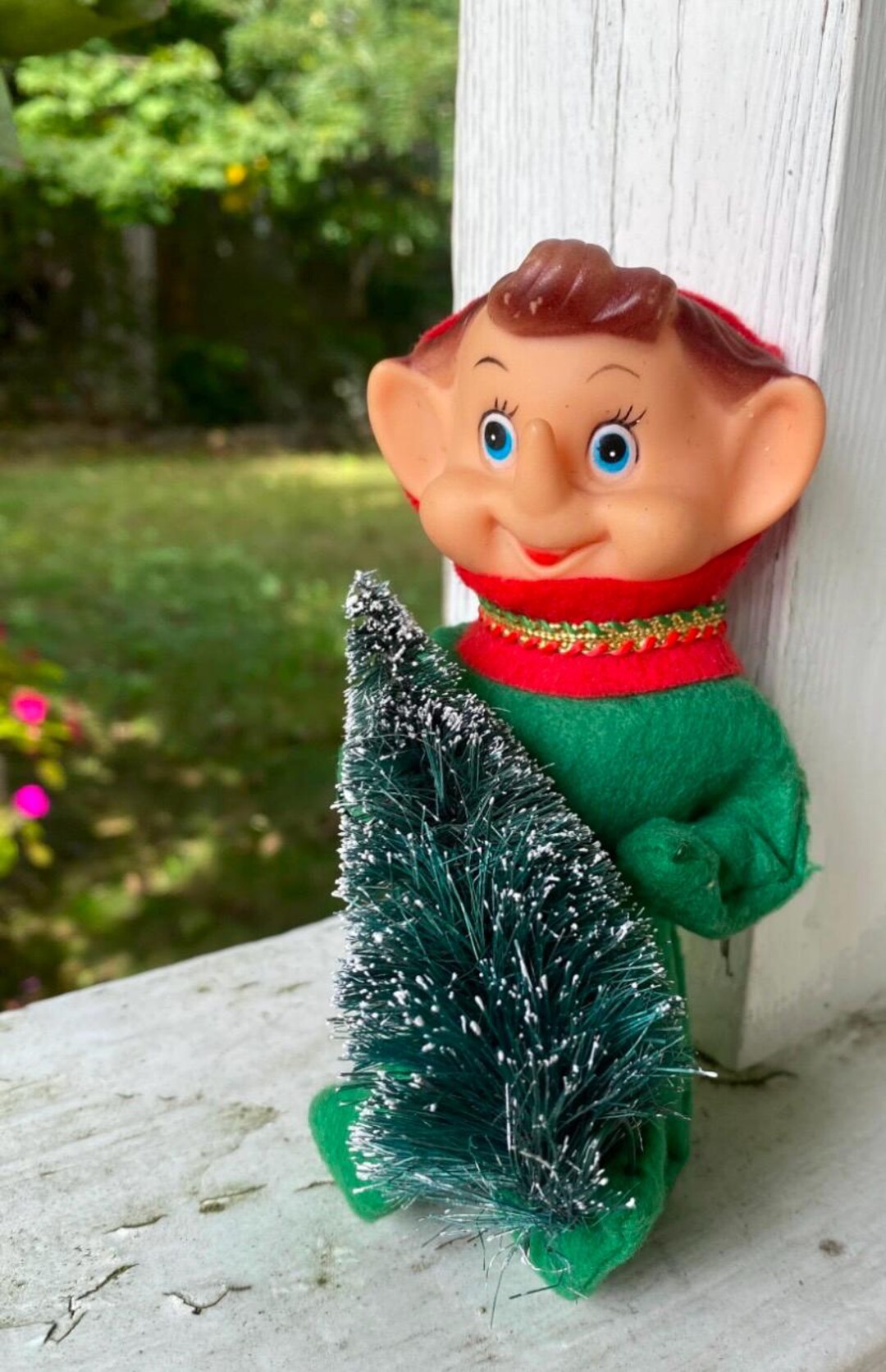 Vintage Knee Hugging Elf With Bottle Brush Tree - Etsy