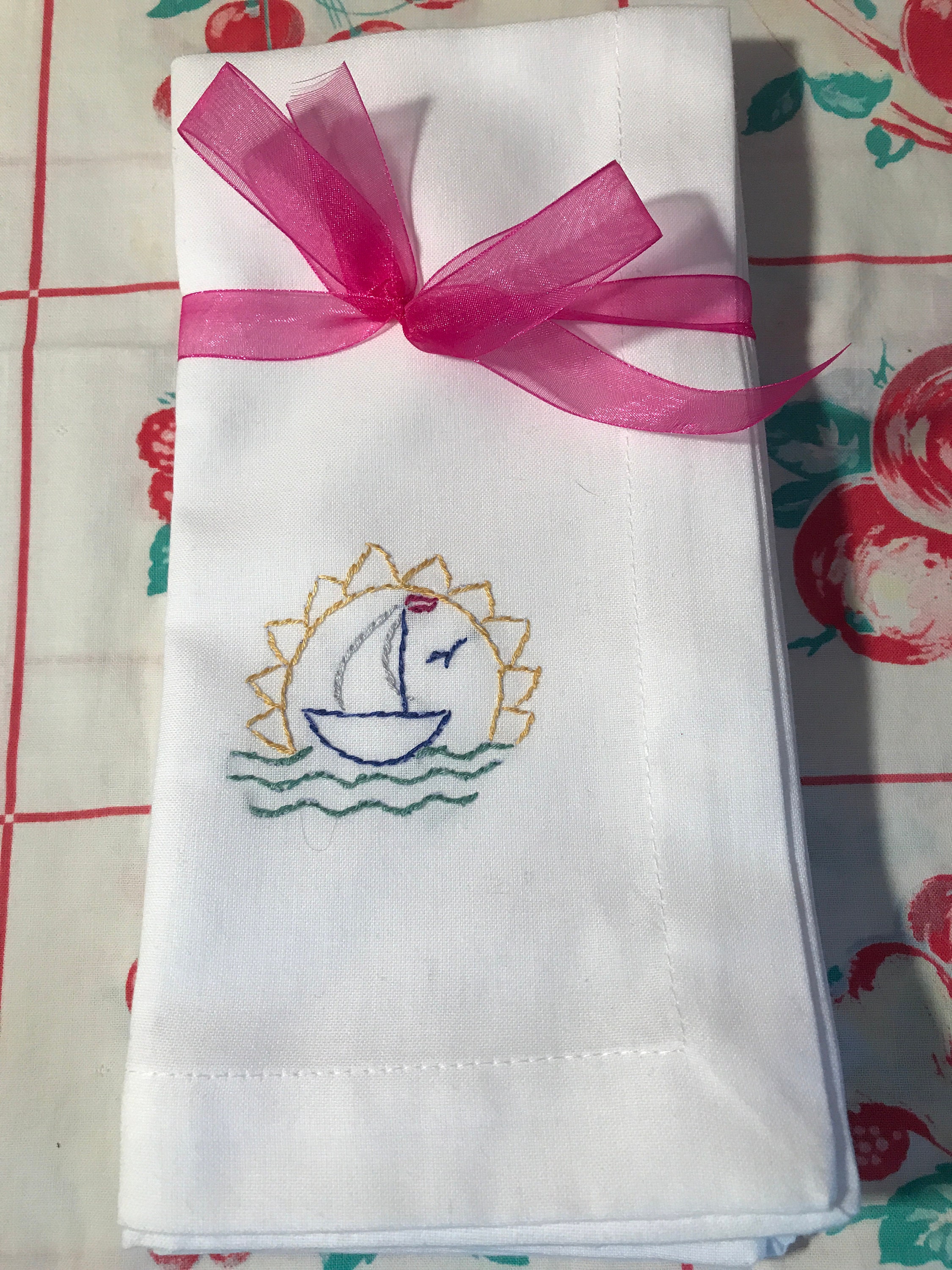 Hand Embroidered Beach House Napkins, Original Art, Cotton , Set of 4 ...