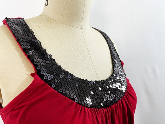 80s Red Dress with Black Sequin Top, Sleeveless Red K… - Gem