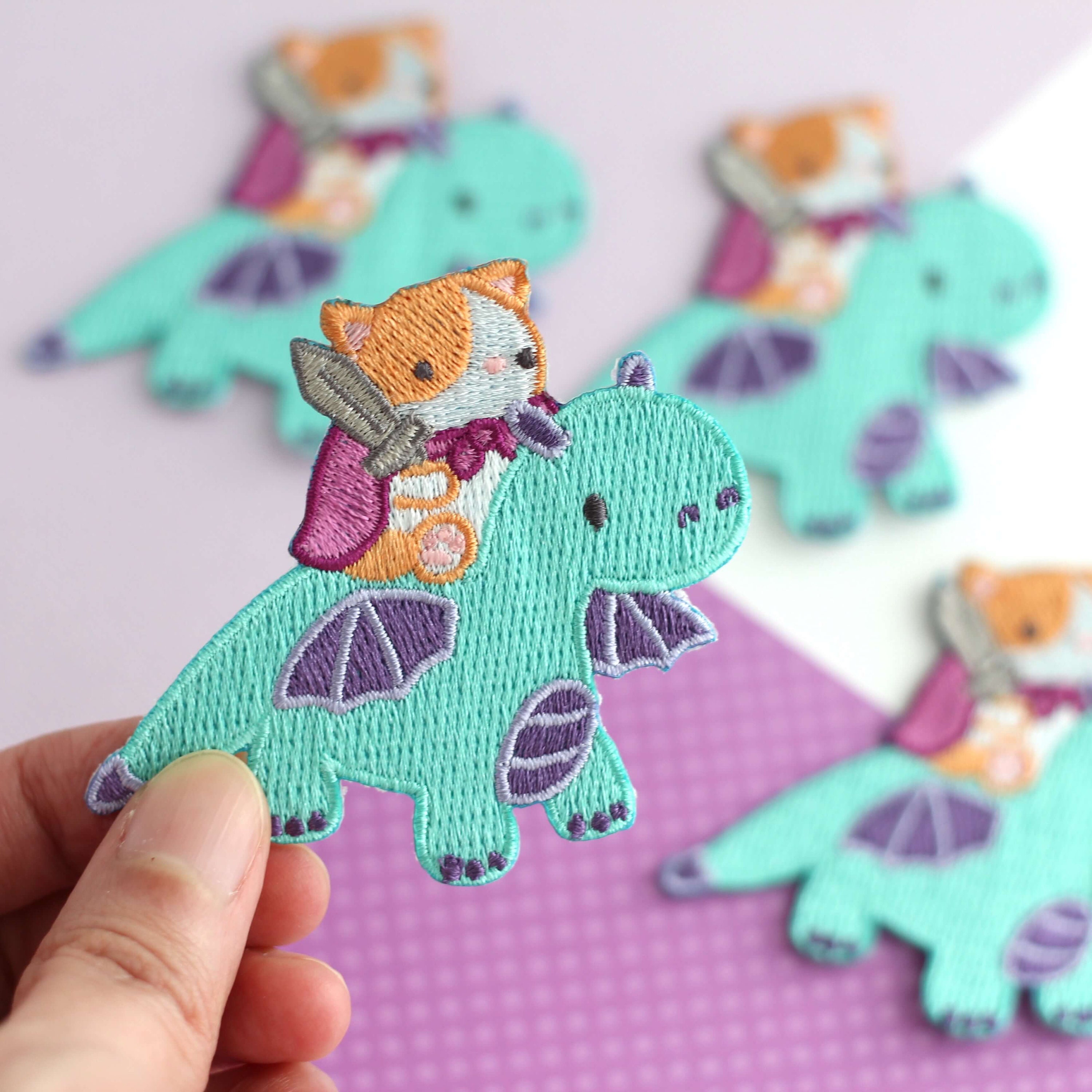 Cat Riding Dragon Embroidered Iron on Patch. Cat Knight on Cute Green ...