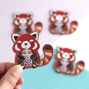 Bubble Tea Red Panda Iron on Patch. Red Panda Drinking Boba Tea ...