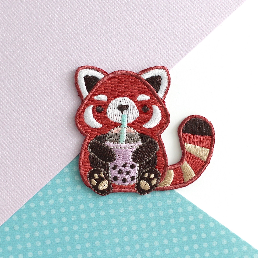 Bubble Tea Red Panda Iron on Patch. Red Panda Drinking Boba Tea ...