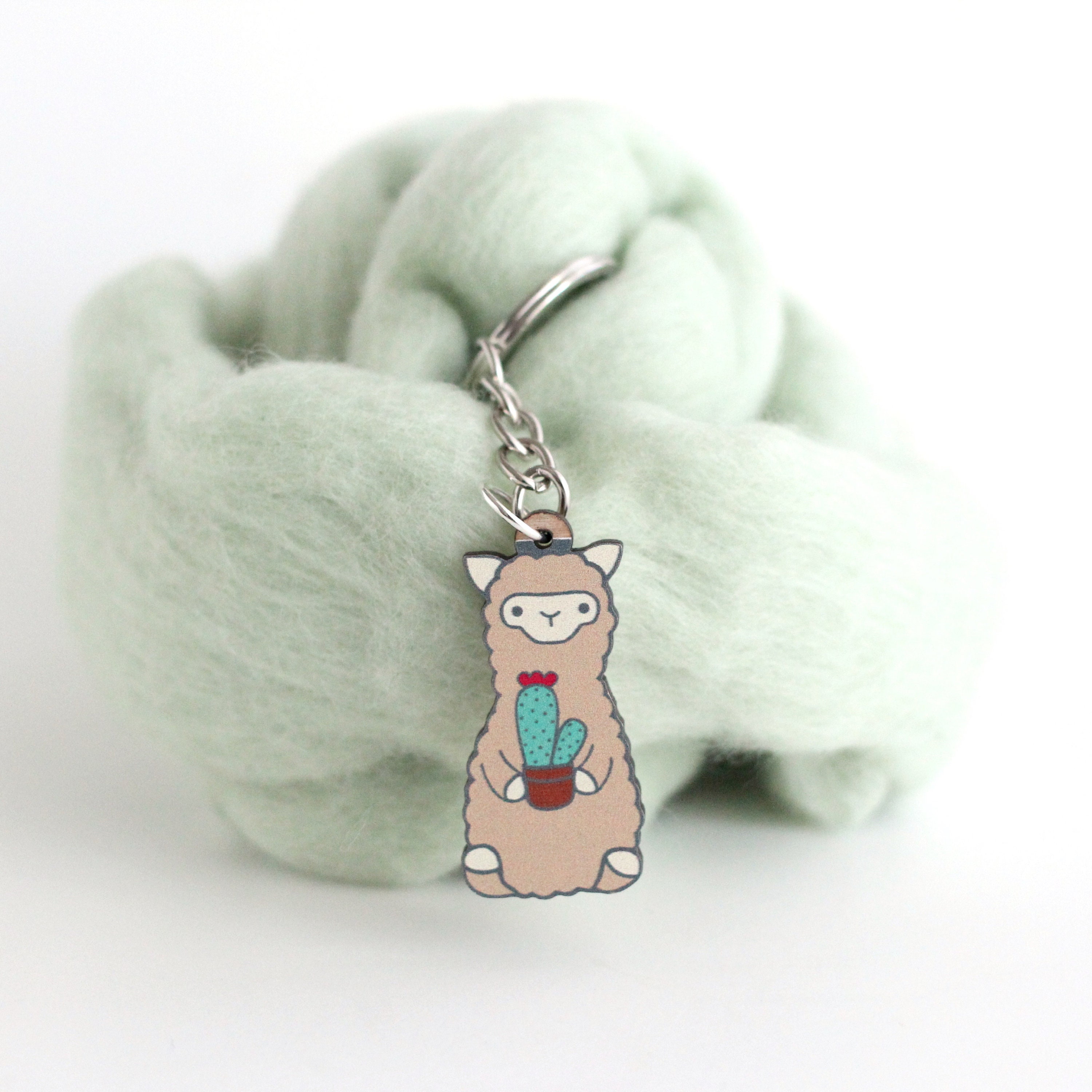 Cactus Alpaca Keychain. Wooden Charm. Llama Keychain. - Etsy