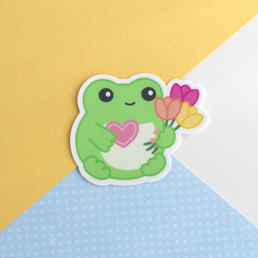 Frog Vinyl Sticker. Frog Holding Flowers and a Heart. Waterproof Frog ...