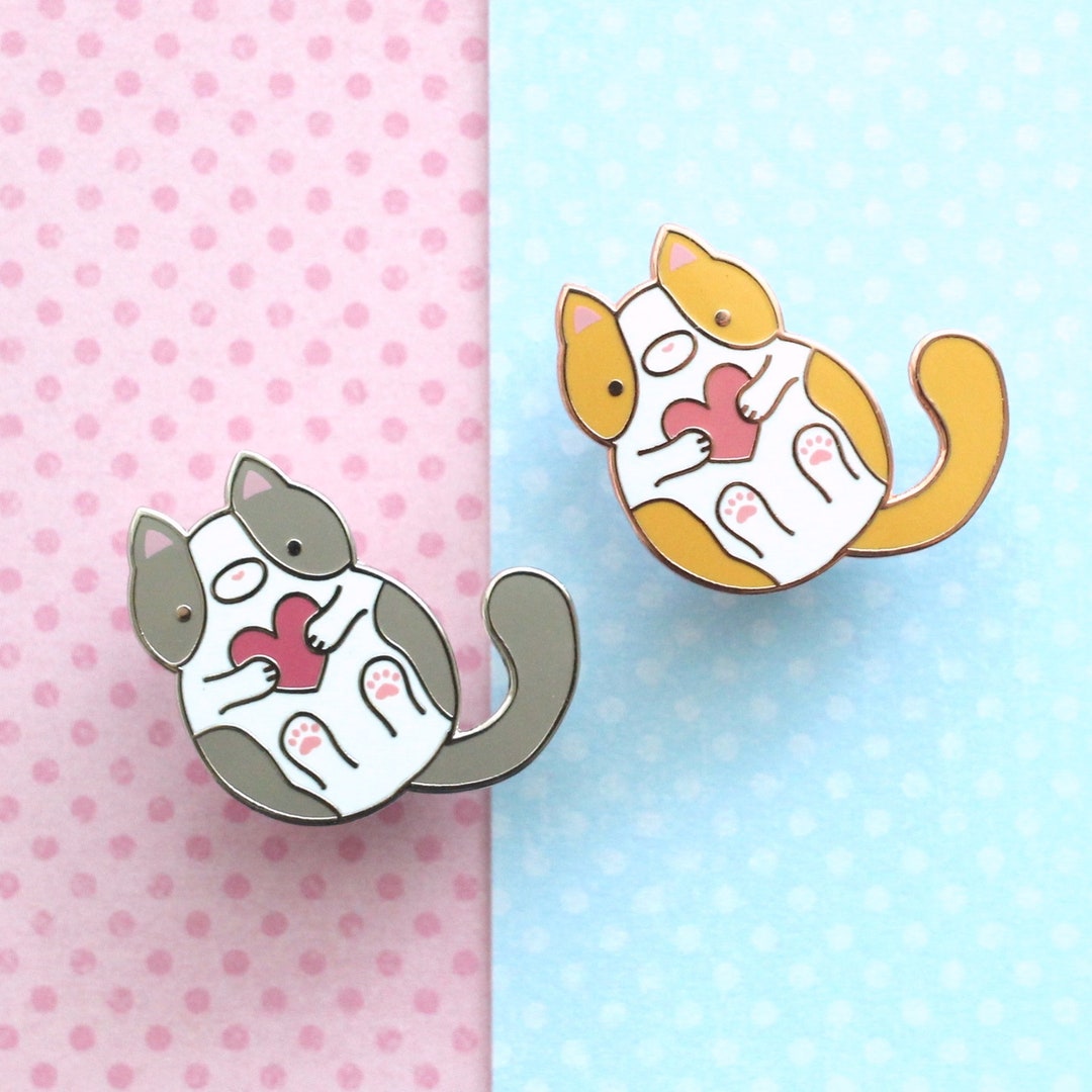 Bicolor Cat Enamel Pin Set: Grey and White Cat, Ginger and White Cat ...