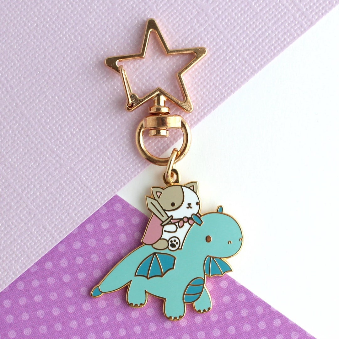 Grey Tabby Cat Knight and Blue Dragon Enamel Keychain. Cute Cat Riding ...