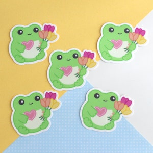 Frog Vinyl Sticker. Frog Holding Flowers and a Heart. Waterproof Frog ...