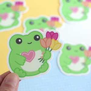 Frog Vinyl Sticker. Frog Holding Flowers and a Heart. Waterproof Frog ...