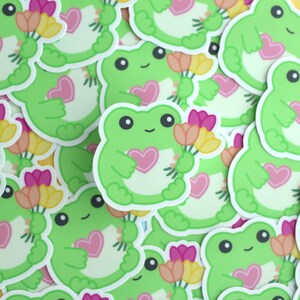 Frog Vinyl Sticker. Frog Holding Flowers and a Heart. Waterproof Frog ...