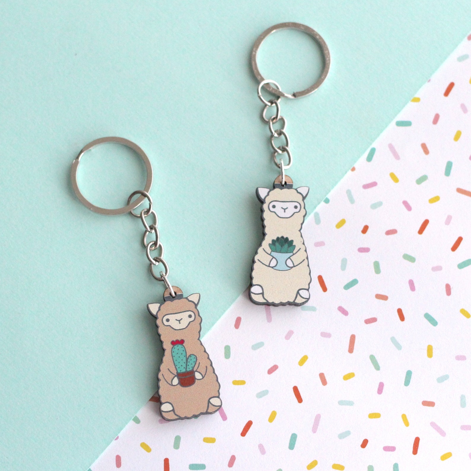 Cactus Alpaca Keychain. Wooden Charm. Llama Keychain. Sustainable Gift ...