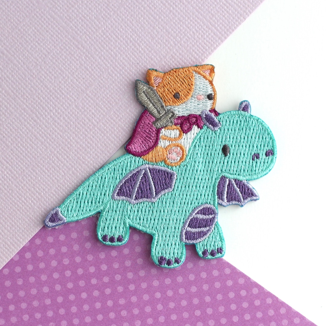 Cat Riding Dragon Embroidered Iron on Patch. Cat Knight on Cute Green ...
