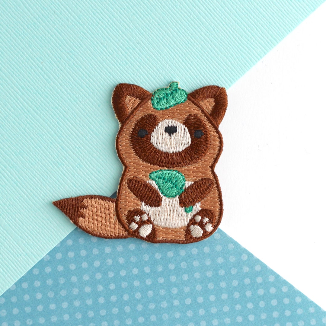 Tanuki Embroidered Iron on Patch. Japanese Raccoon With Green Leaf ...