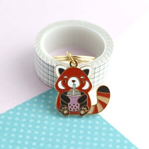 Bubble Tea Red Panda Enamel Keychain. Cute Red Panda Drinking Boba Tea ...