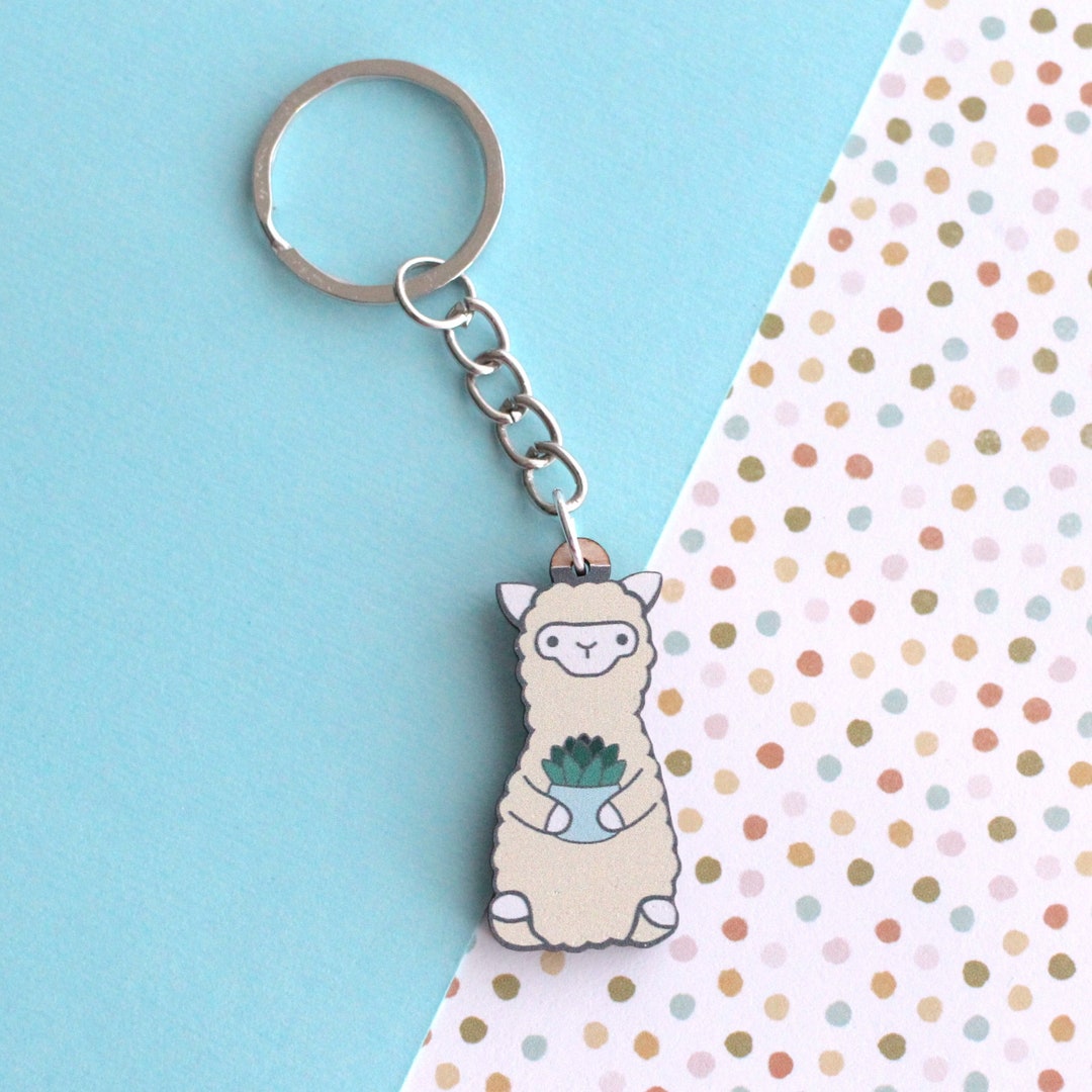 Alpaca Holding Succulent Keychain. Wood Charm. Cute Keychain. Alpaca ...