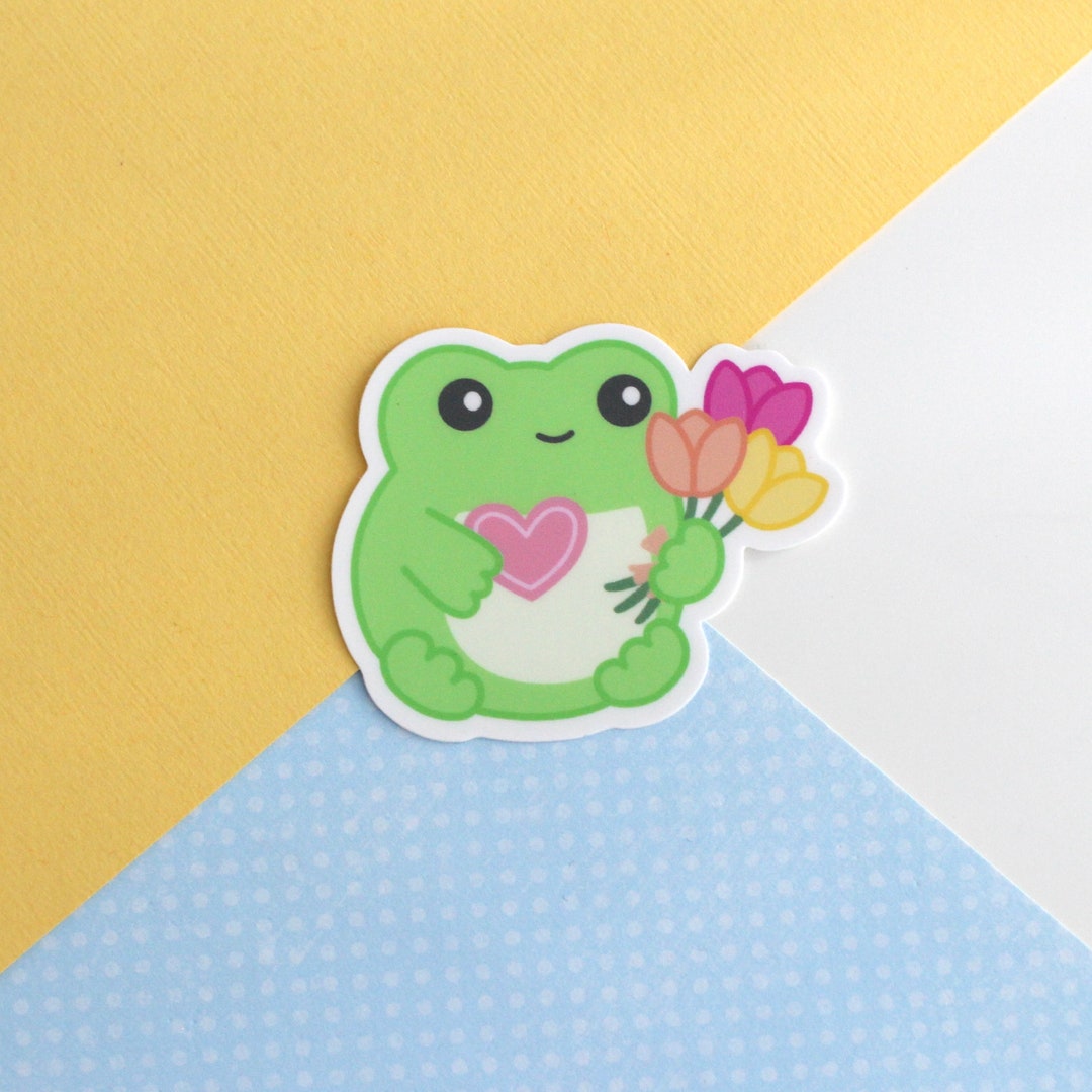 Frog Vinyl Sticker. Frog Holding Flowers and a Heart. Waterproof Frog ...