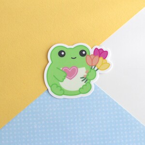 Frog Vinyl Sticker. Frog Holding Flowers and a Heart. Waterproof Frog ...