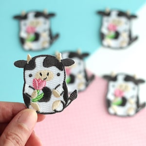 Flower Cow Embroidered Iron on Patch. Cute Black and White Cow Holding ...