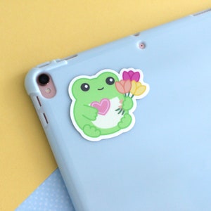 Frog Vinyl Sticker. Frog Holding Flowers and a Heart. Waterproof Frog ...