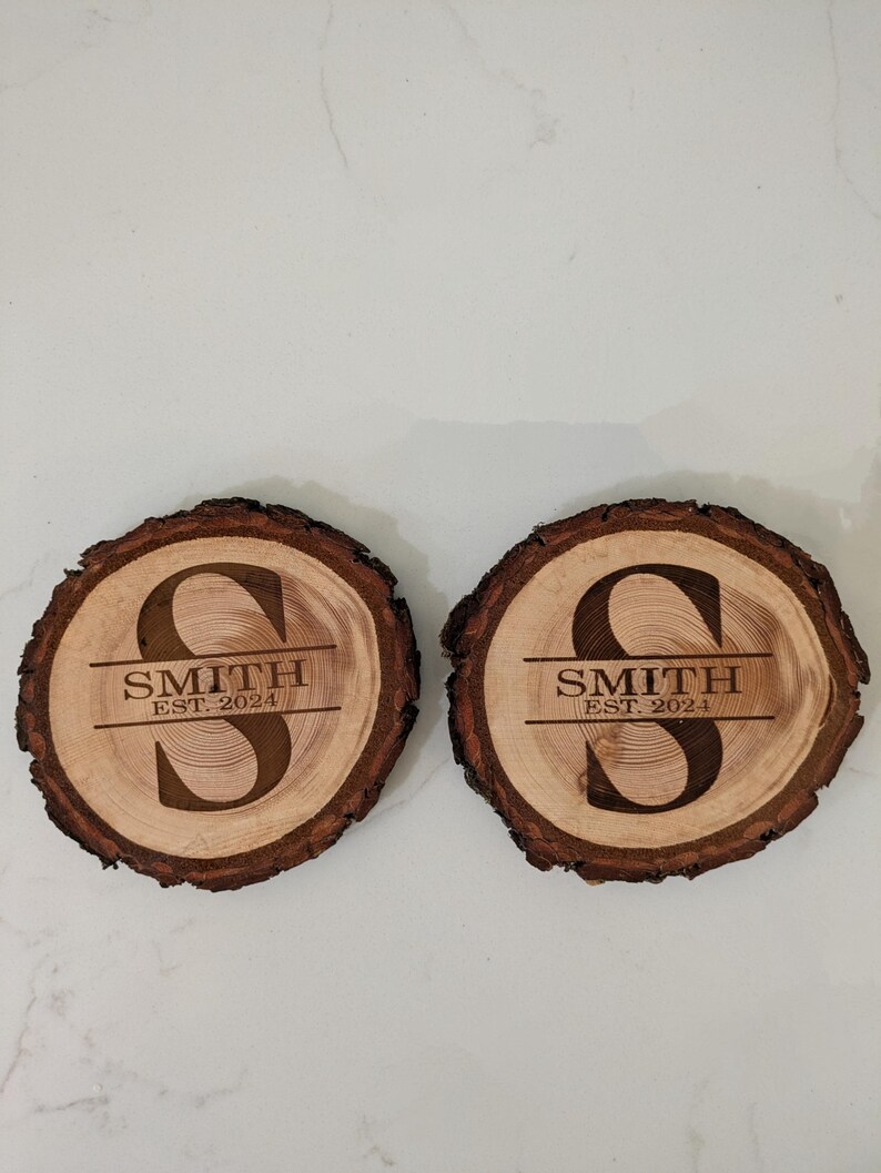 Custom Monogram Engraved Live Edge Wood Coaster Set - Etsy