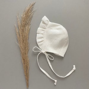 Ruffled Linen Baby Bonnet Girl, Ivory, Dusty Pink, Dusty Blue Ruffle ...