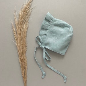 Ruffled Linen Baby Bonnet Girl, Ivory, Dusty Pink, Dusty Blue Ruffle ...