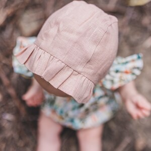 Ruffled Linen Baby Bonnet Girl, Ivory, Dusty Pink, Dusty Blue Ruffle ...