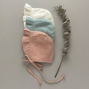 Ruffled Linen Baby Bonnet Girl, Ivory, Dusty Pink, Dusty Blue Ruffle ...