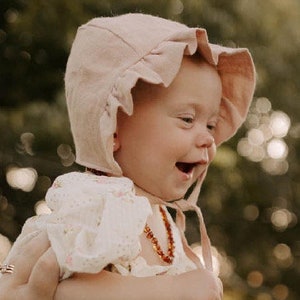 Ruffled Linen Baby Bonnet Girl, Ivory, Dusty Pink, Dusty Blue Ruffle ...