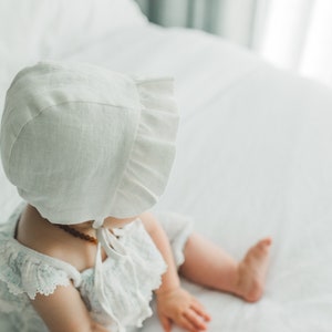 Ruffled Linen Baby Bonnet Girl, Ivory, Dusty Pink, Dusty Blue Ruffle ...