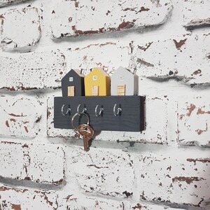 Key Holder With Grey and Yellow Wooden Houses Key Holder for Wall Key ...