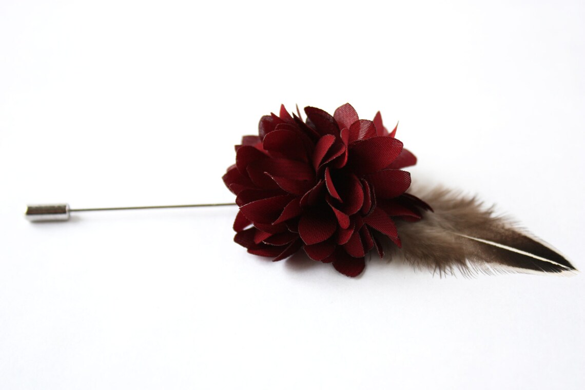 Flower and Feather Lapel Pin Wedding Boutonniere Burgundy | Etsy