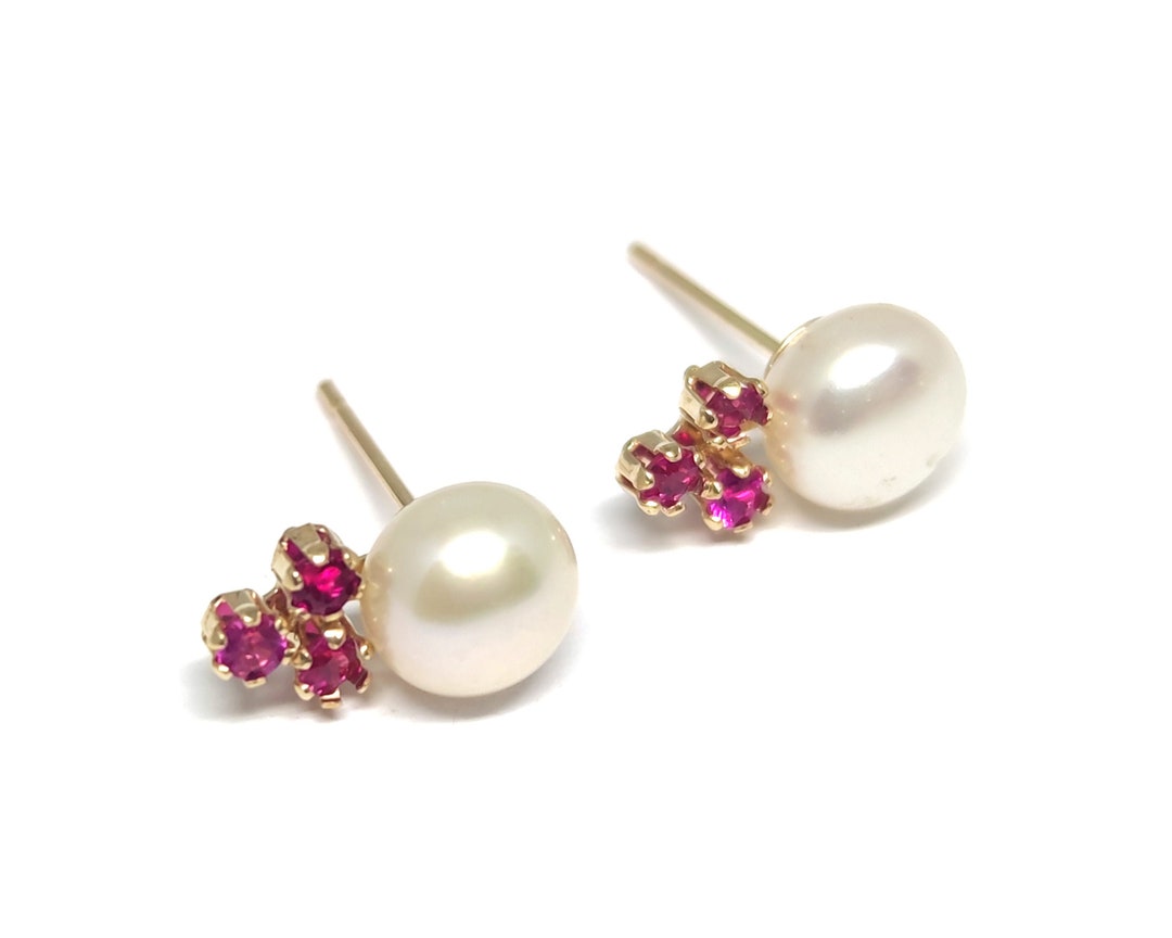Gold Pearl Earrings, Ruby and Freshwater Pearl Stud Earrings, Trio Ruby ...