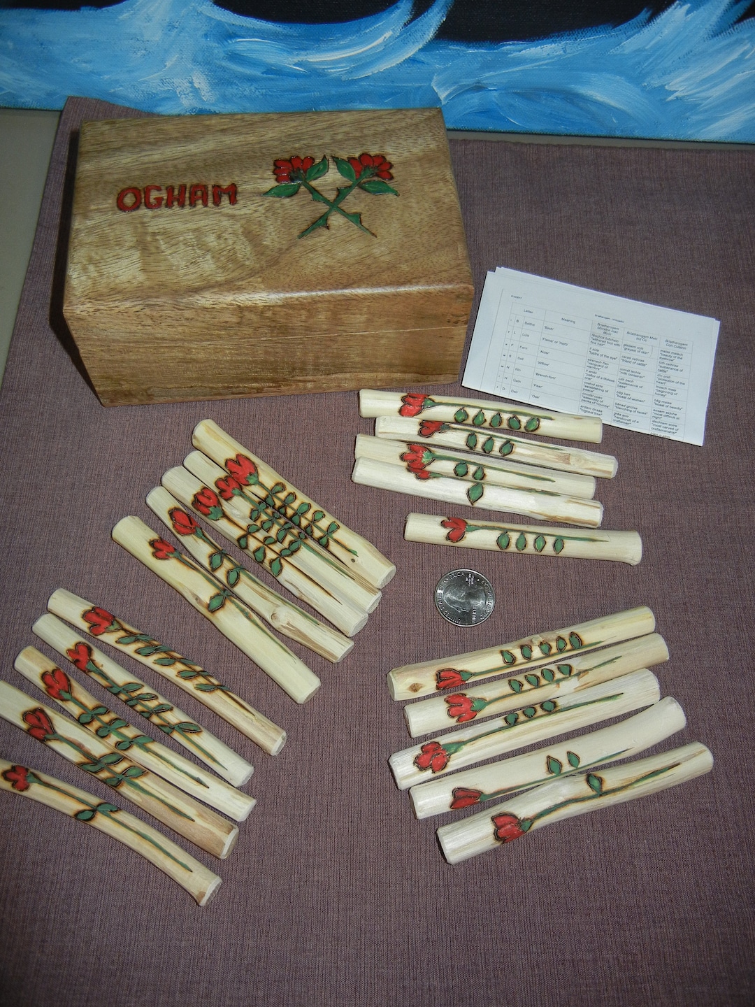 Hand Made Ogham Rune Set Red Rose Wooden Box 6 X 4 Chart of Meanings - Etsy