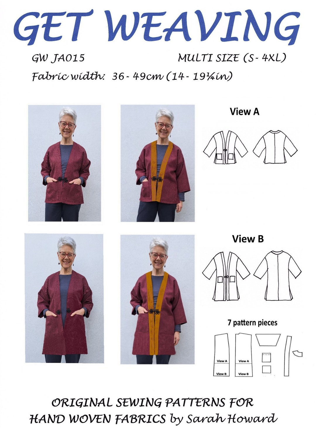 GW JA015 S-4XL Unlined Jacket Sewing Pattern for Narrow, Handwoven ...