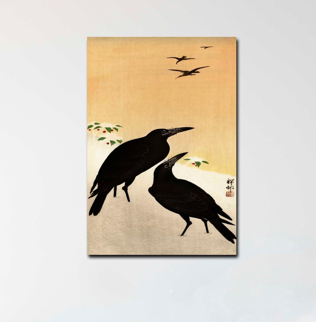 Ravens Print - Two Black Birds With Gold Background - Vintage Japanese ...
