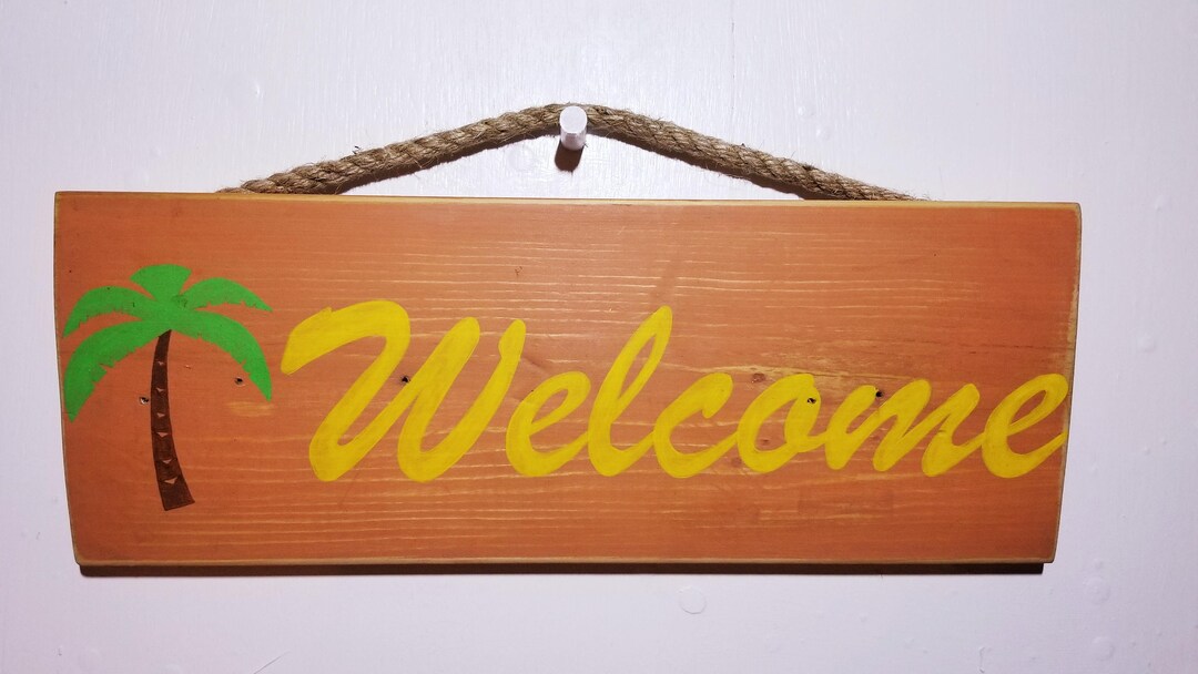 Palm Tree Welcome Handmade Painted Wooden Sign With Rope Hanger - Etsy