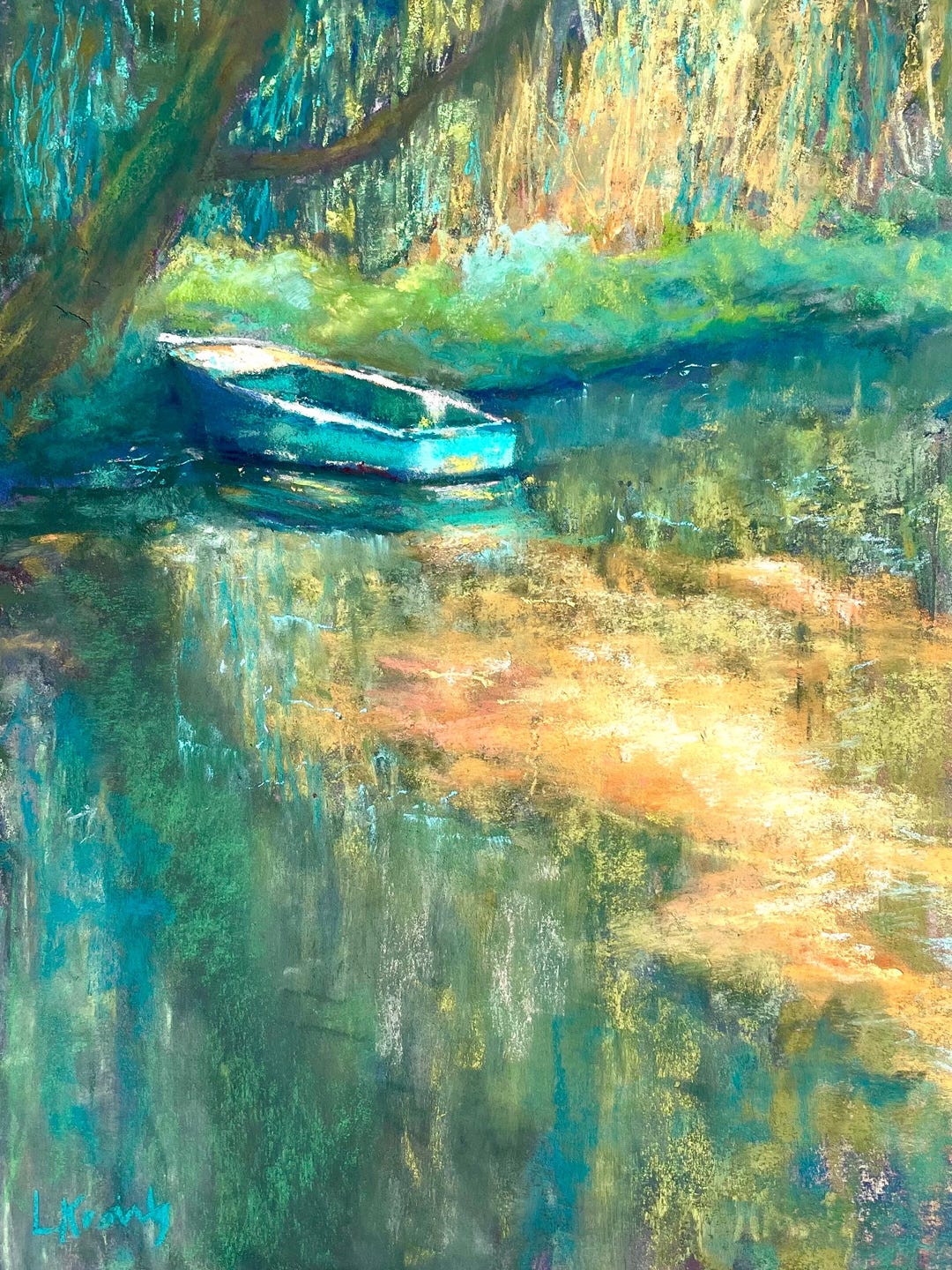 Row Boat in Pond. Impressionism. Fine Art Giclee Print. 12”x16”. Green ...