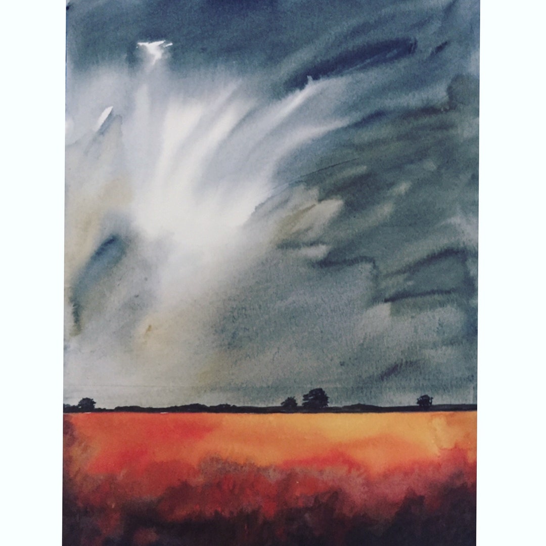 Watercolor Landscape, Storm Cloud Watercolor, Stormy Skies Watercolor ...