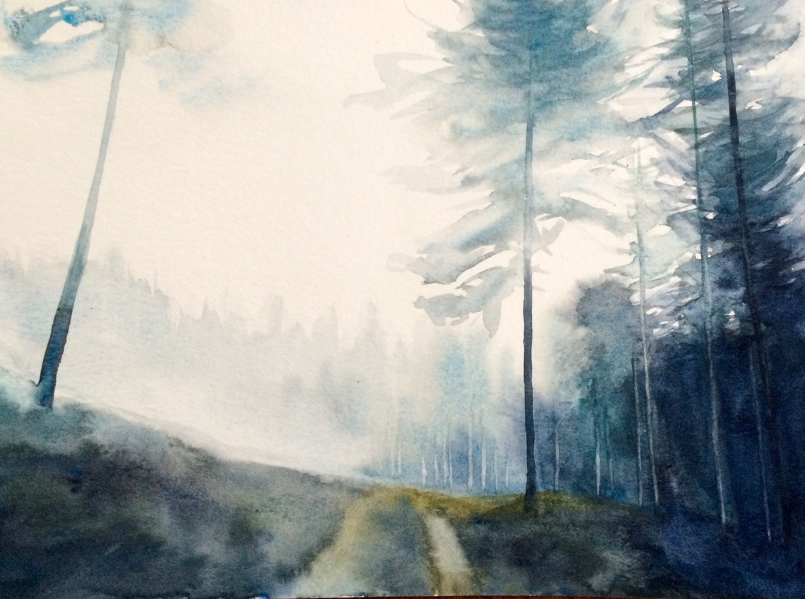 Forest Painting Forest Watercolor Misty Forest Peak - Etsy